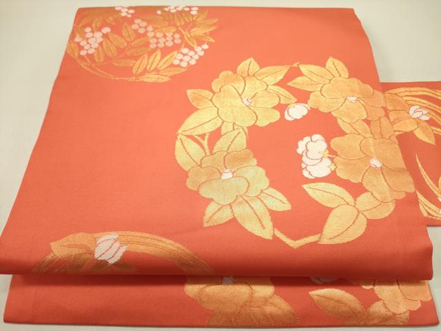 平和屋着物●桝屋高尾　九寸名古屋帯　南天花文　金糸　正絹　逸品　DAAY2654op