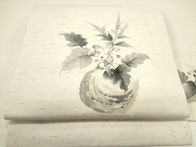 平和屋着物●九寸名古屋帯　作家物　手描き　髭紬　草花　正絹　逸品　DAAY2657op