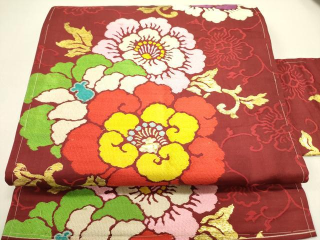 平和屋着物●アンティーク　大正ロマン　九寸名古屋帯　草花　金糸　正絹　逸品　DAAY2660op