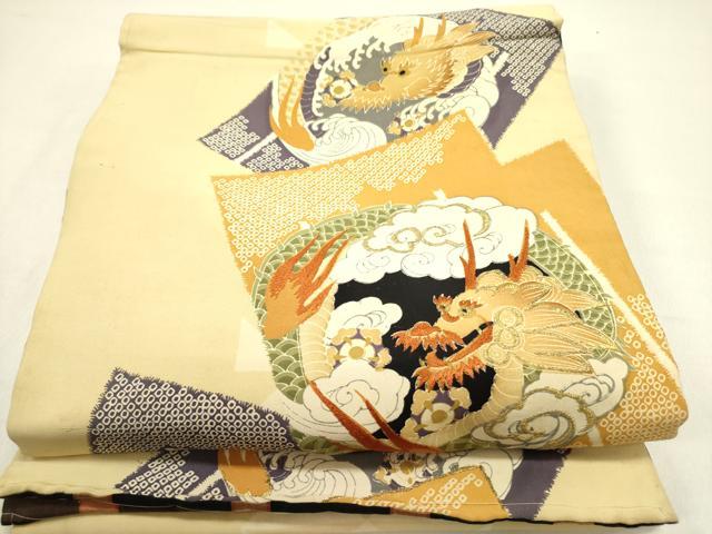 平和屋着物●アンティーク　大正ロマン　両面　全通柄京袋帯　刺繍　龍　正絹　逸品　DAAY2663op