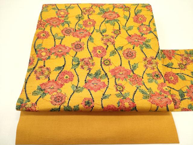 平和屋着物●全通柄　九寸名古屋帯　紬地　型染　立涌花文　正絹　逸品　DAAY2667op