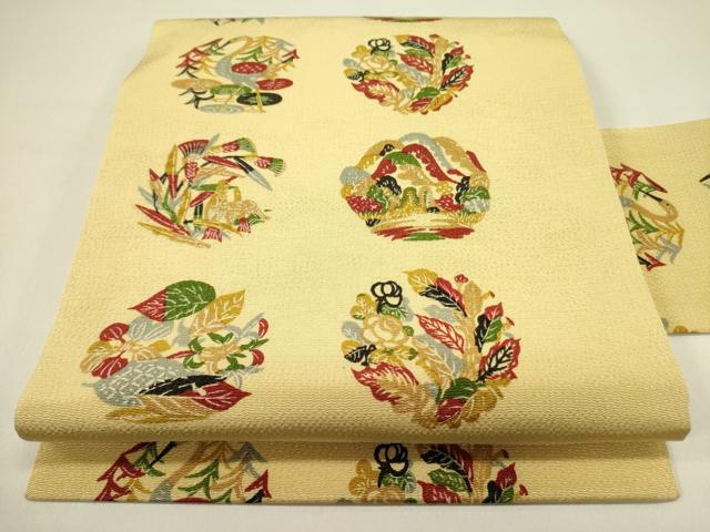 平和屋着物●全通柄九寸名古屋帯　型染　花鳥風景文　鬼しぼ縮緬　正絹　逸品　DAAY2669op