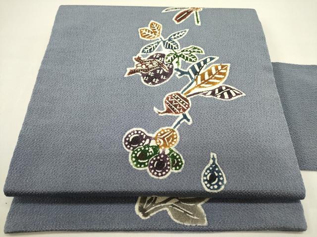 平和屋着物●九寸名古屋帯　型染　草葉文　鬼しぼ縮緬　正絹　逸品　DAAY2671op