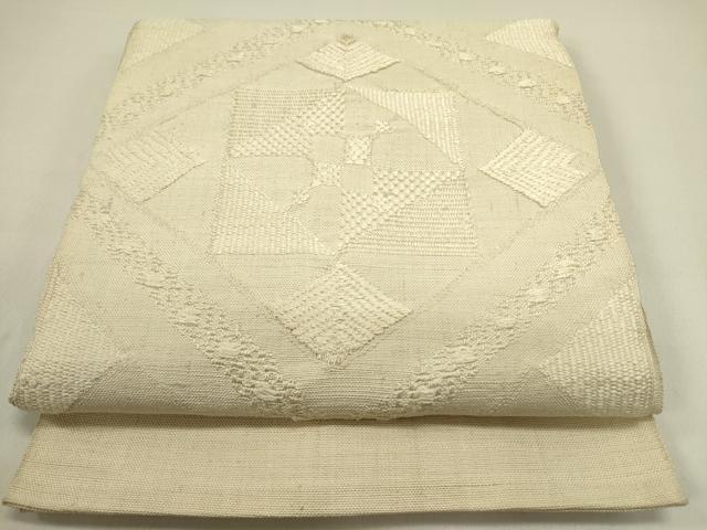 平和屋着物●八寸名古屋帯　紬地　幾何学文様　練色　正絹　逸品　DAAY2686op