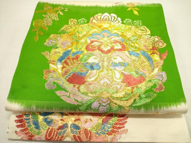 平和屋着物●六通柄袋帯　向かい鳥花文　金糸　正絹　逸品　DAAY2701op