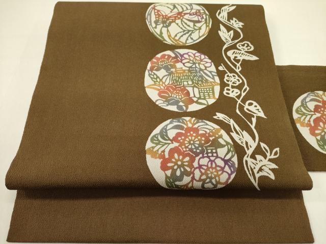 平和屋着物●九寸名古屋帯　型染　舞蝶花丸文　鬼しぼ縮緬　正絹　逸品　DAAY2703op