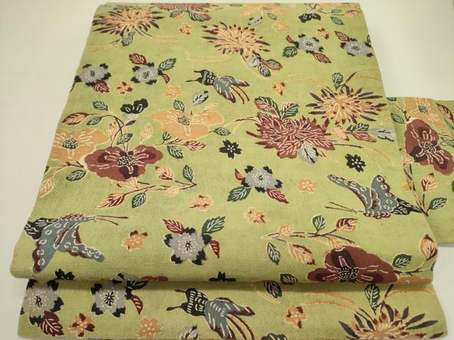 平和屋着物●全通柄九寸名古屋帯　紬地　舞蝶花文　正絹　逸品　DAAY2704op