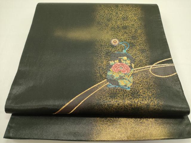 平和屋着物●太鼓柄袋帯　芳薫　黒地　金糸　引箔　正絹　逸品　DAAY2707op