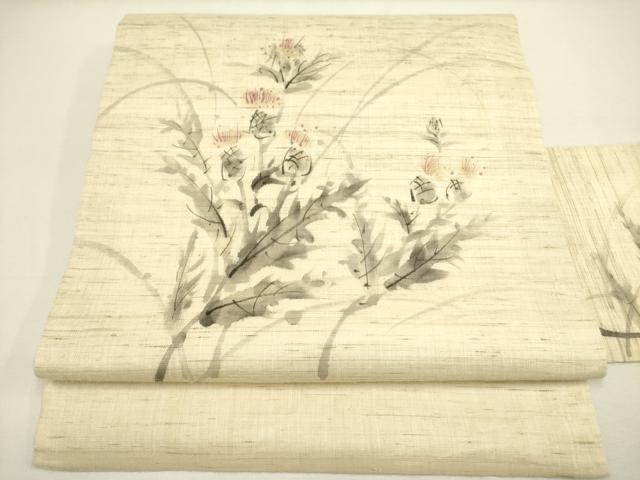 平和屋着物＊夏物　九寸名古屋帯　手描き　草花　麻　逸品　DAAY2964op