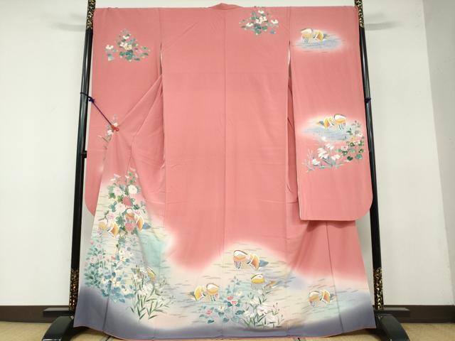 平和屋着物●豪華振袖　手描友禅　流水鴛鴦草花文　暈し染め　正絹　逸品　DAAY5032ud