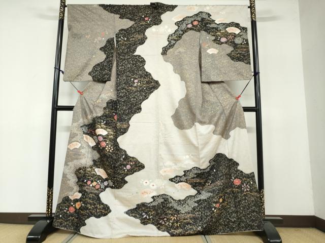 平和屋着物●訪問着　絞り　地紙草花文　金彩　正絹　逸品　DAAY5044ud