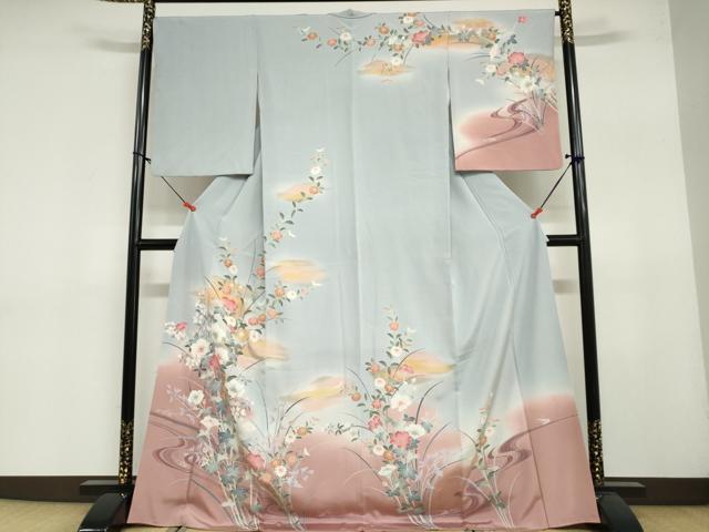 平和屋着物●訪問着　友禅　流水草花文　暈し染め　ロング丈　正絹　逸品　DAAY5076ud