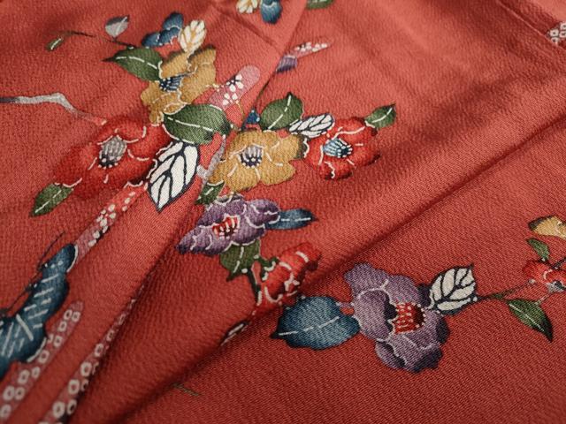 平和屋着物●上質な小紋　型染め　枝花文　鬼しぼ縮緬　正絹　逸品　DAAY5078ud