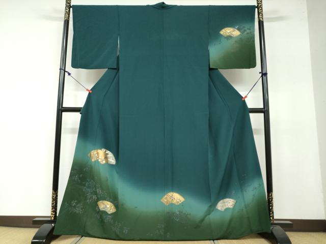 平和屋着物●訪問着　手描き　地紙飛鶴草花文　暈し染め　金銀彩　正絹　逸品　DAAY5109ud