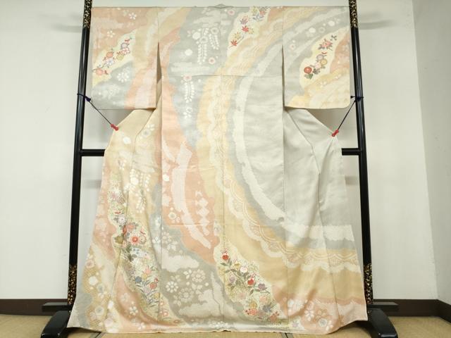 平和屋着物●訪問着　絞り　道長草花文　金彩　正絹　逸品　DAAY5175ud