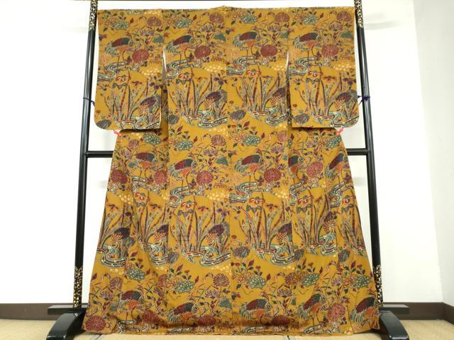 平和屋着物●訪問着　型染め　流水花鳥文　鬼しぼ縮緬　正絹　逸品　DAAY5184ud