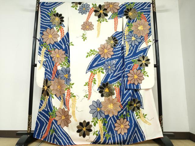 平和屋着物●豪華振袖　駒刺繍　鹿の子舞花文　金彩　正絹　逸品　DAAY5199ud