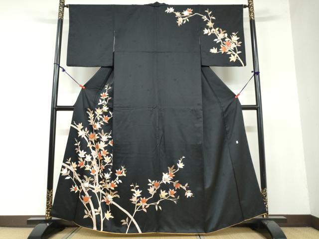 平和屋着物●十日町老舗ブランド　吉澤友禅　吾妻徳穂　訪問着　駒刺繍　橘　黒地　金彩　正絹　逸品　DAAY5244ud