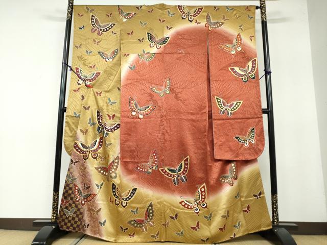 平和屋着物●豪華振袖　駒刺繍　舞蝶文　暈し染め　金彩　正絹　逸品　DAAY5352ud