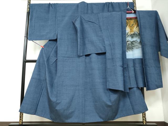 平和屋着物●男性　紬　アンサンブル　長羽織　留紺色　キングサイズ　正絹　逸品　DAAY5382ud