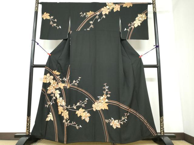 平和屋着物●訪問着　駒刺繍　草花文　黒地　金彩　正絹　逸品　DAAY5391ud