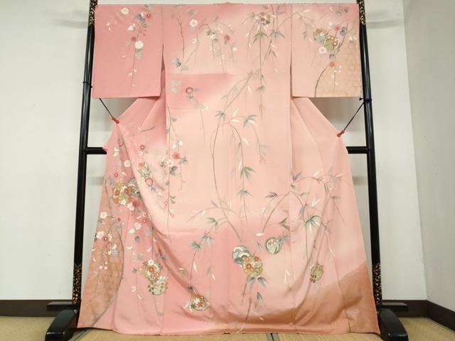 平和屋着物●訪問着　枝垂れ草花文　暈し染め　金銀彩　西武百貨店扱い　ロング丈　正絹　逸品　DAAY5397ud