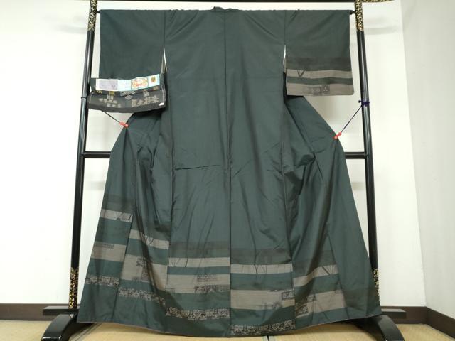 平和屋着物●本場大島紬　訪問着　屋久杉染　横段文　くぼた謹製　証紙付き　正絹　逸品　DAAY5444ud