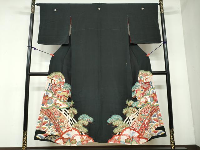 平和屋着物●アンティーク　大正ロマン　黒留袖　御所車双鶴草花文　金彩　正絹　逸品　DAAY5455ud