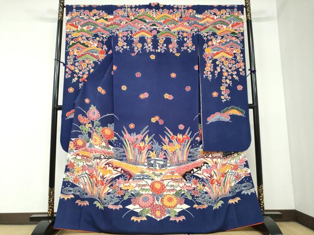 平和屋着物●和染紅型　栗山紅型　栗山吉三郎　振袖　型染め　風景草花文　正絹　逸品　DAAY5459ud