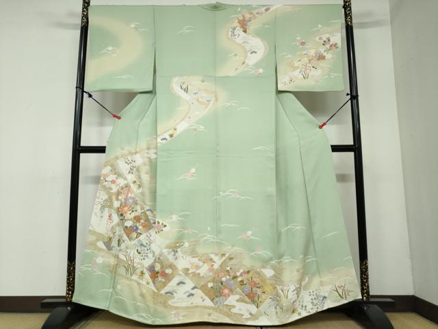 平和屋着物●訪問着　駒刺繍　道長草花文　暈し染め　金彩　正絹　逸品　DAAY5460ud