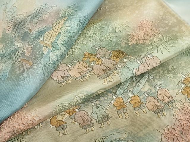 平和屋着物●中国三大刺繍　汕頭刺繍　スワトウ刺繍　本場染大島紬　訪問着　大名行列　暈し染め　正絹　逸品　未使用　DAAY5467ud