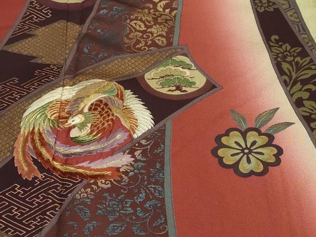 平和屋着物○訪問着 刺繍 熨斗鳳凰草花文 暈し染め 金彩 正絹
