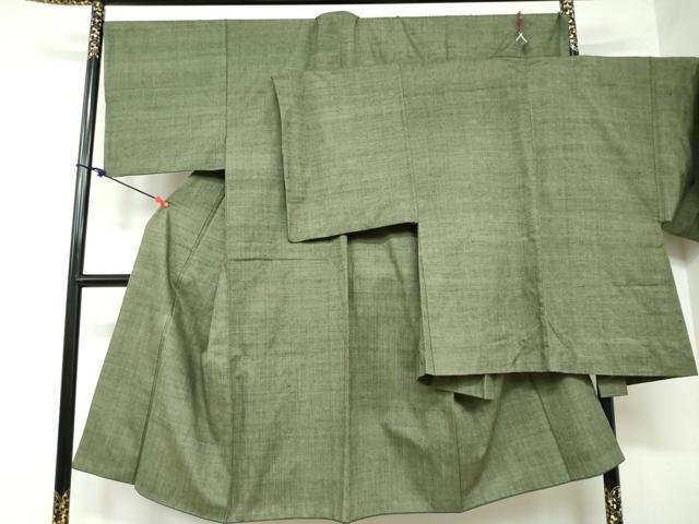 平和屋着物●男性　紬　アンサンブル　長羽織　鶯色　正絹　逸品　DAAY5498ud