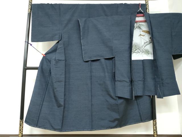 平和屋着物●男性　紬　アンサンブル　長羽織　鉄紺色　正絹　逸品　DAAY5499ud