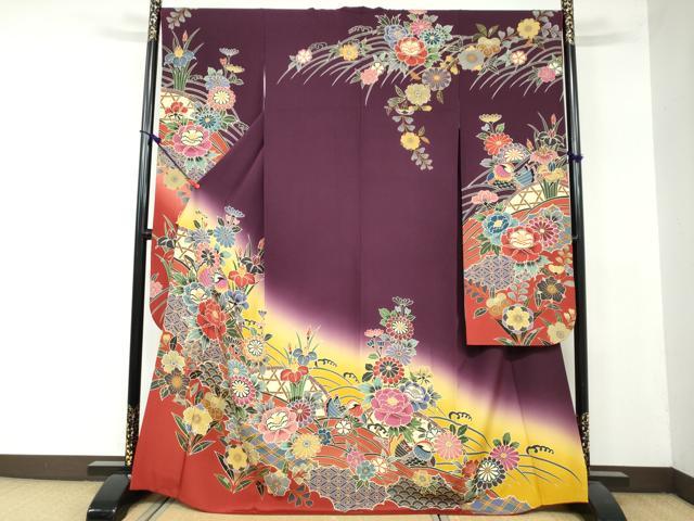 平和屋着物●手ざし京紅型染・宮崎紅型　宮崎良次　振袖　花鳥文　暈し染め　正絹　逸品　DAAY5512ud