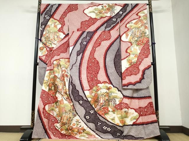 平和屋着物●豪華振袖　総絞り　駒刺繍　御所車草花文　金彩　正絹　逸品　DAAY5542ud