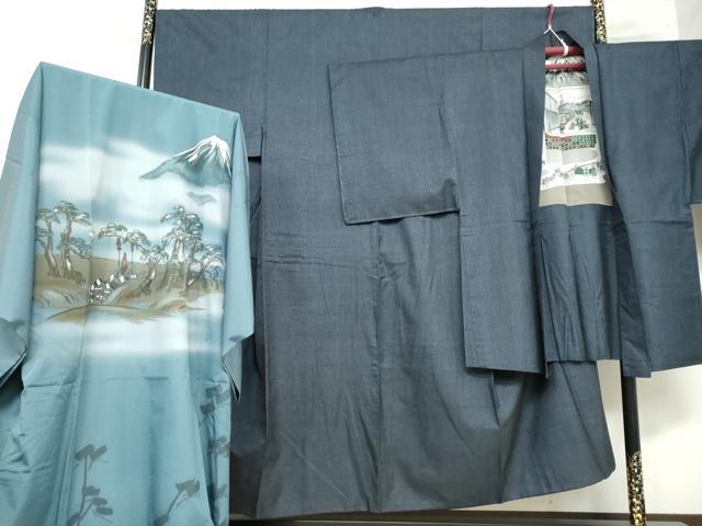 平和屋着物●男性　紬　アンサンブル　長襦袢（無双仕立て）セット　幾何学文様　正絹　逸品　DAAY5563ud