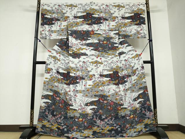 平和屋着物●訪問着　型染め　流水花鳥文　正絹　逸品　DAAY5587ud