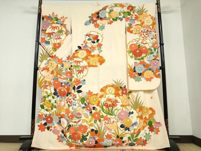 平和屋着物●豪華振袖　友禅　作家物　雪輪草花文　鬼しぼ縮緬　正絹　逸品　DAAY5615ud