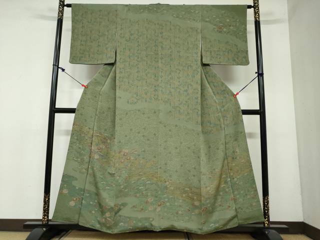 平和屋着物●人間国宝・南部芳松の息子 伝統工芸伝承者彫刻・南部幸雄　型染　訪問着　流水風景草花文　正絹　逸品　DAAY5636ud