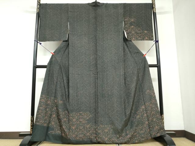 平和屋着物●訪問着　紬地　型染め　更紗草花文　正絹　逸品　DAAY5663ud