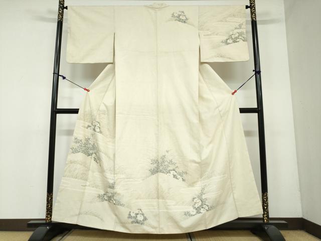 平和屋着物●訪問着　紬地　手描き　草花文　正絹　逸品　DAAY5675ud