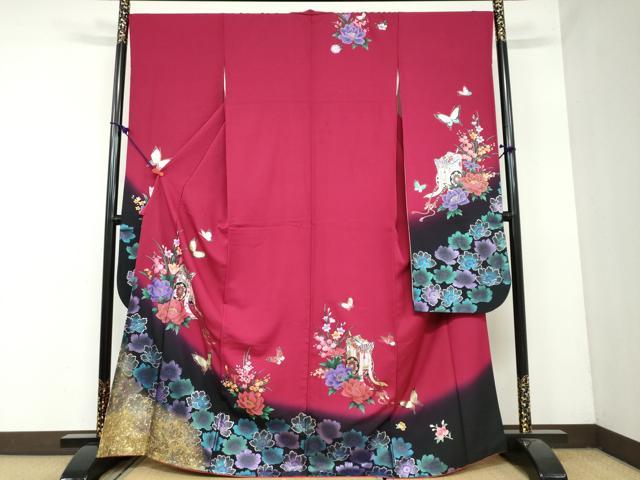 平和屋着物●豪華振袖　御所車花蝶文　暈し染め　金銀彩　正絹　逸品　DAAY5684ud