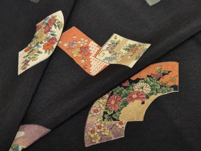 平和屋着物●上質な小紋　地紙重ね草花文　黒地　金彩　正絹　逸品　DAAY5724ud