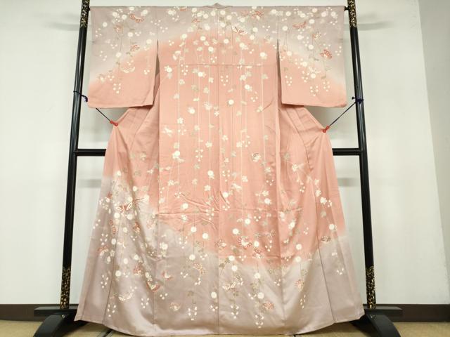 平和屋着物●訪問着　駒刺繍　枝垂れ花蝶文　暈し染め　金彩　正絹　逸品　DAAY5916ud