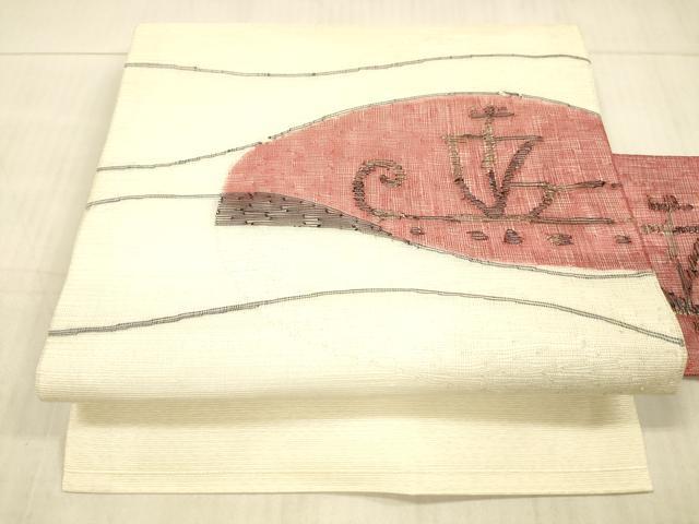 平和屋着物＊夏物　九寸名古屋帯　櫛織　抽象文様　銀糸　正絹　逸品　DAAY8012cm