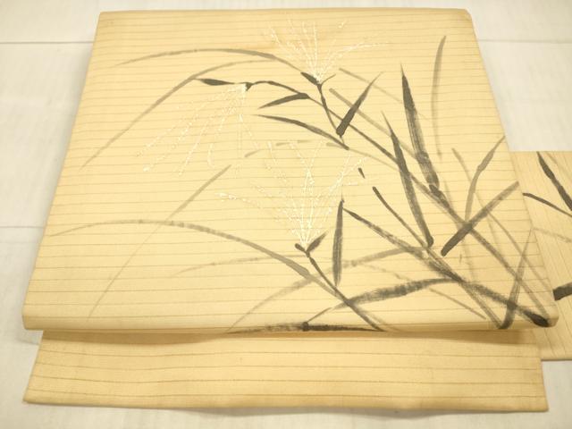 平和屋着物＊夏物　絽塩瀬　九寸名古屋帯　手描き　草葉文　正絹　逸品　DAAY8019cm