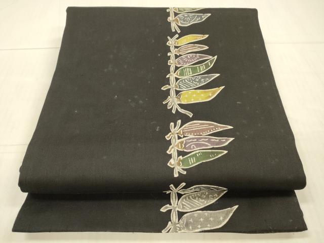 平和屋着物＊夏物　九寸開き名古屋帯　型染　成り物　黒地　正絹　逸品　DAAY8020cm