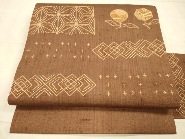 平和屋着物＊夏物　九寸名古屋帯　紬地　刺繍　刺し子　抽象花文　正絹　逸品　DAAY8030cm