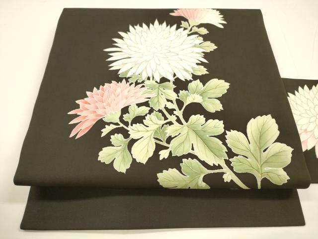 平和屋着物●九寸名古屋帯　作家物　草花文　黒地　金彩　正絹　逸品　DAAY8035cm